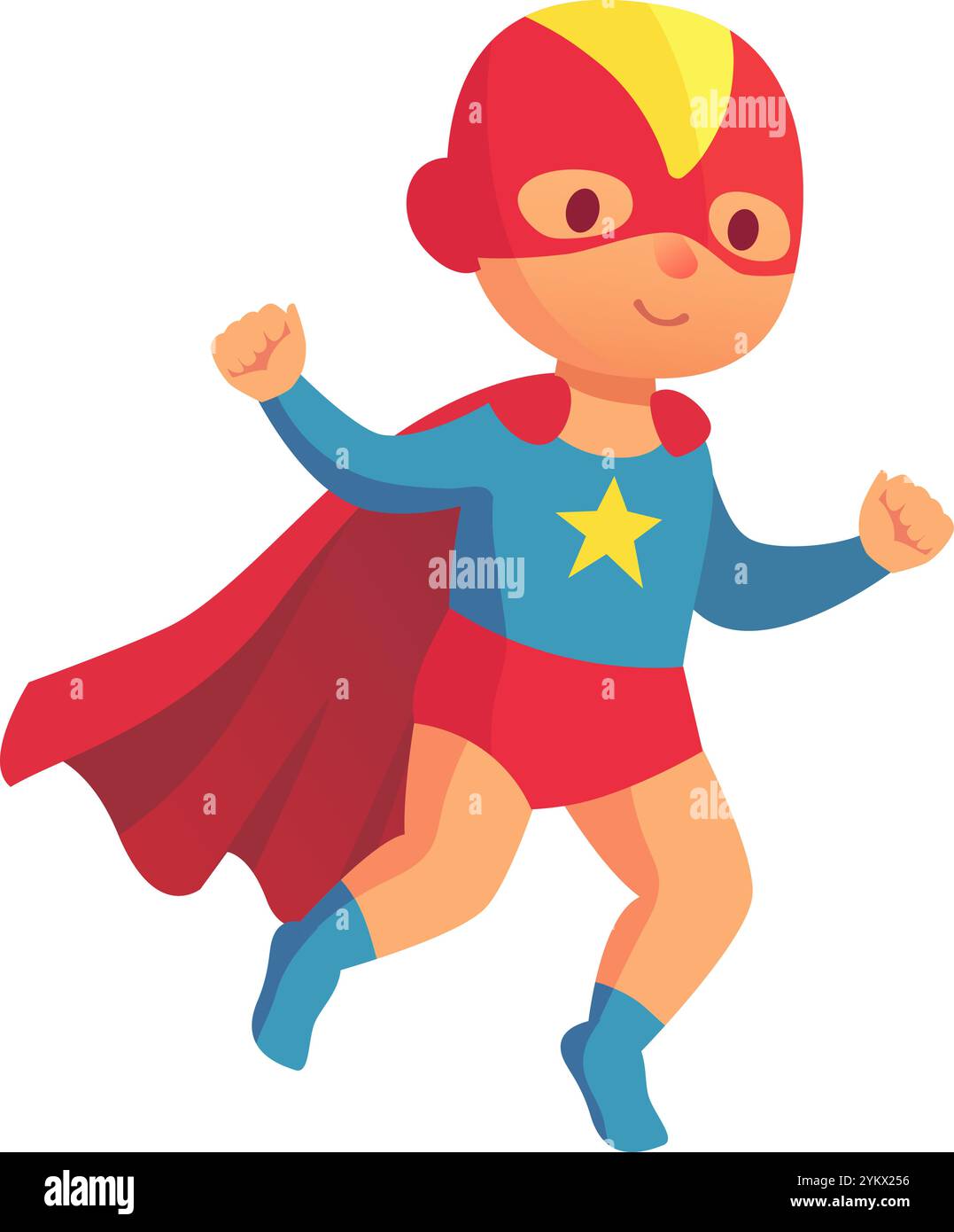 Young superhero boy joyfully soars through the air in a cape and mask ...