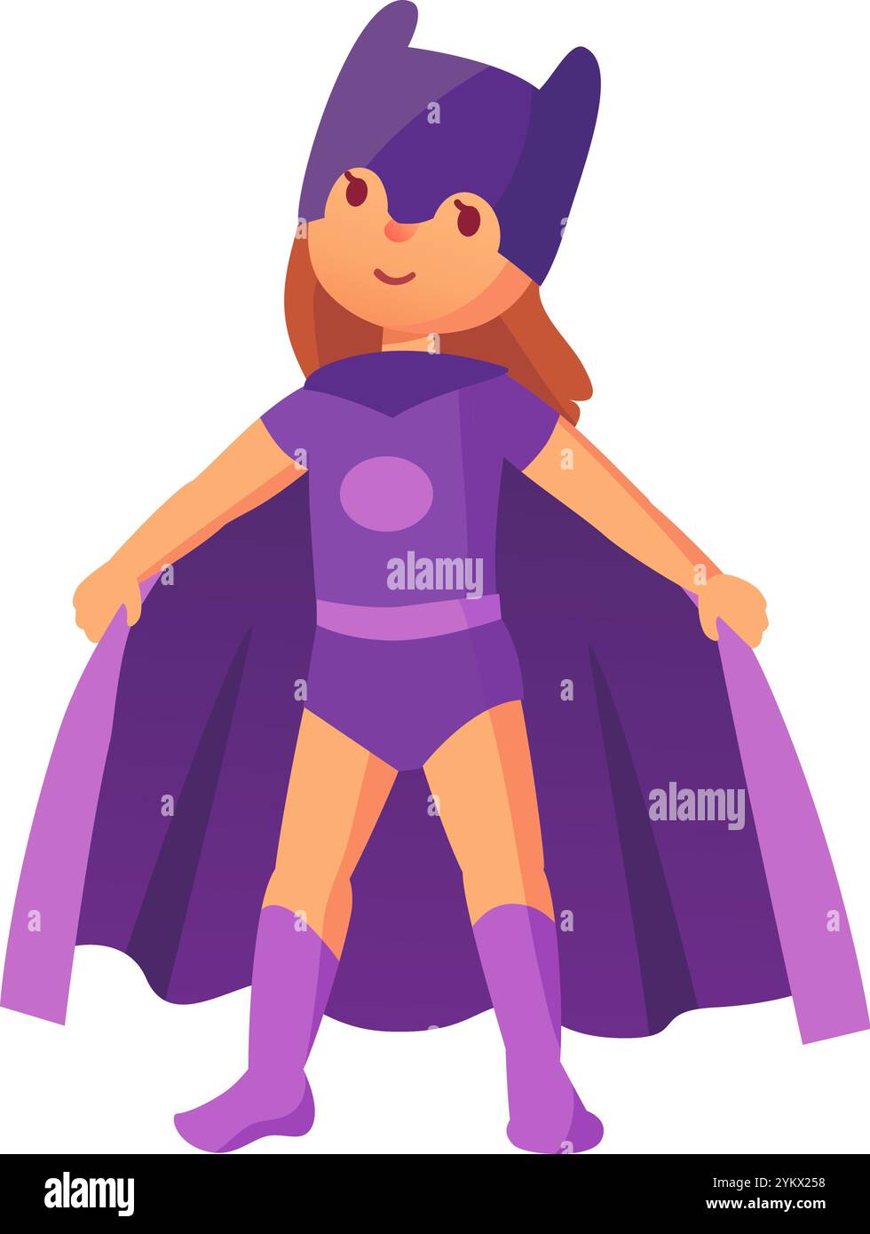 Happy child wearing a purple superhero costume with cape and mask is ...