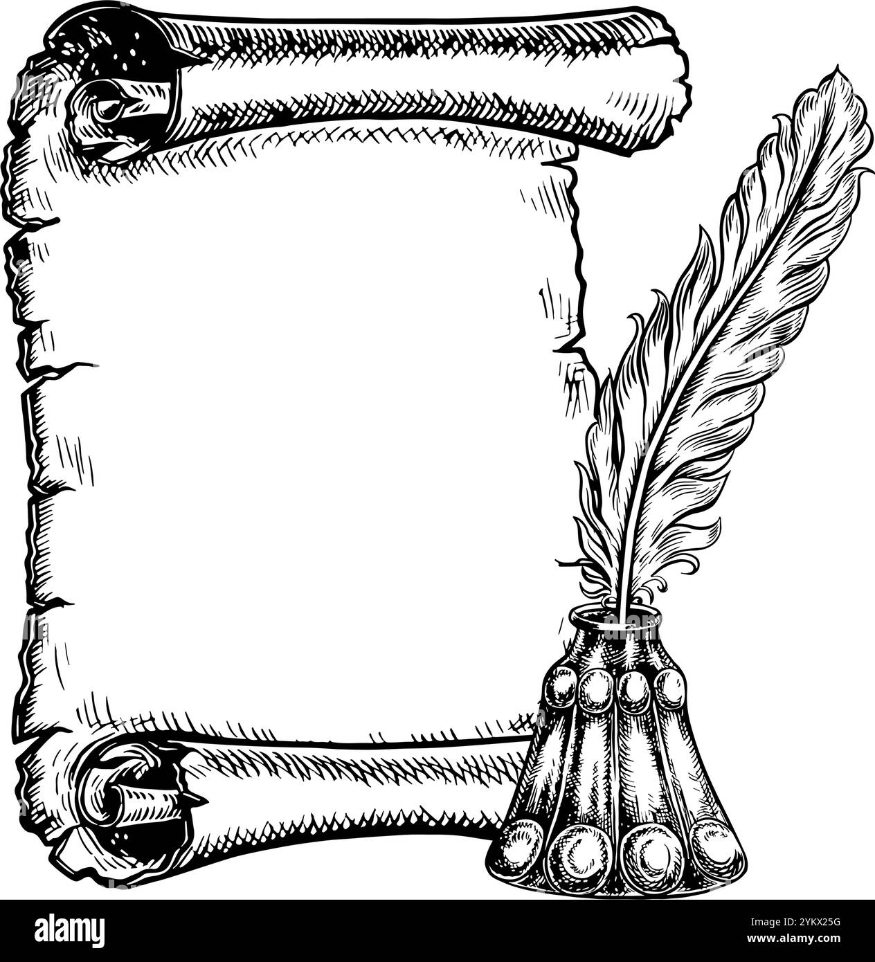 An antique paper scroll and an inkwell with a pen. Vector black and ...