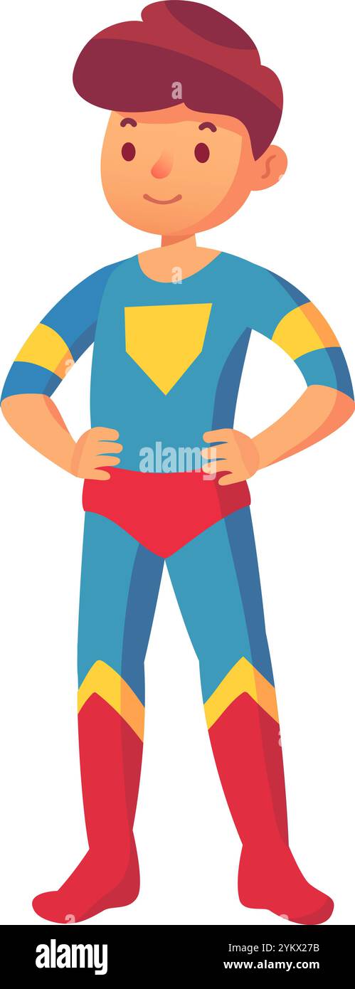 Confident superhero boy standing with hands on hips, ready to save the ...