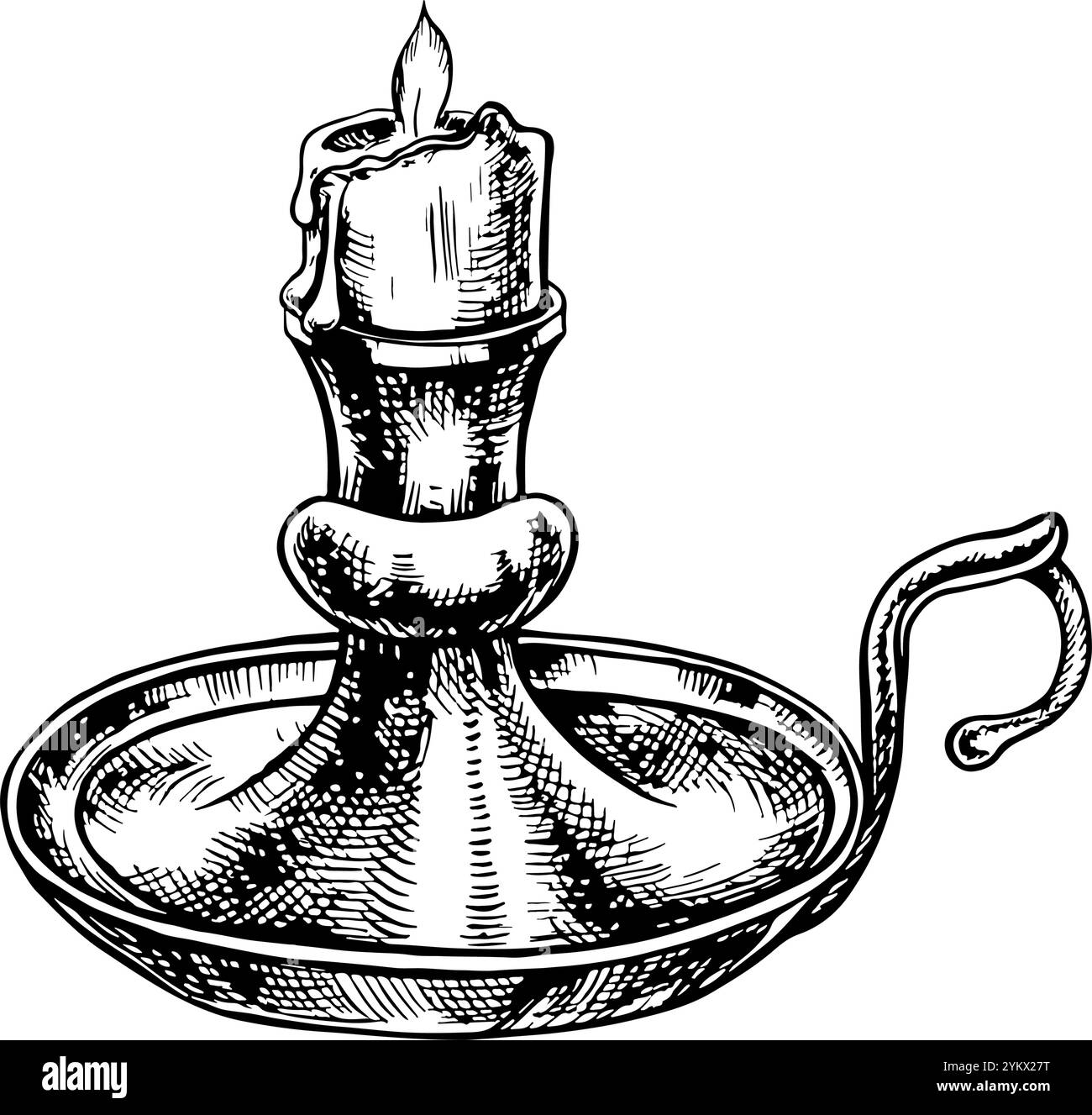 An antique candlestick with a burning candle. Vector black and white ...