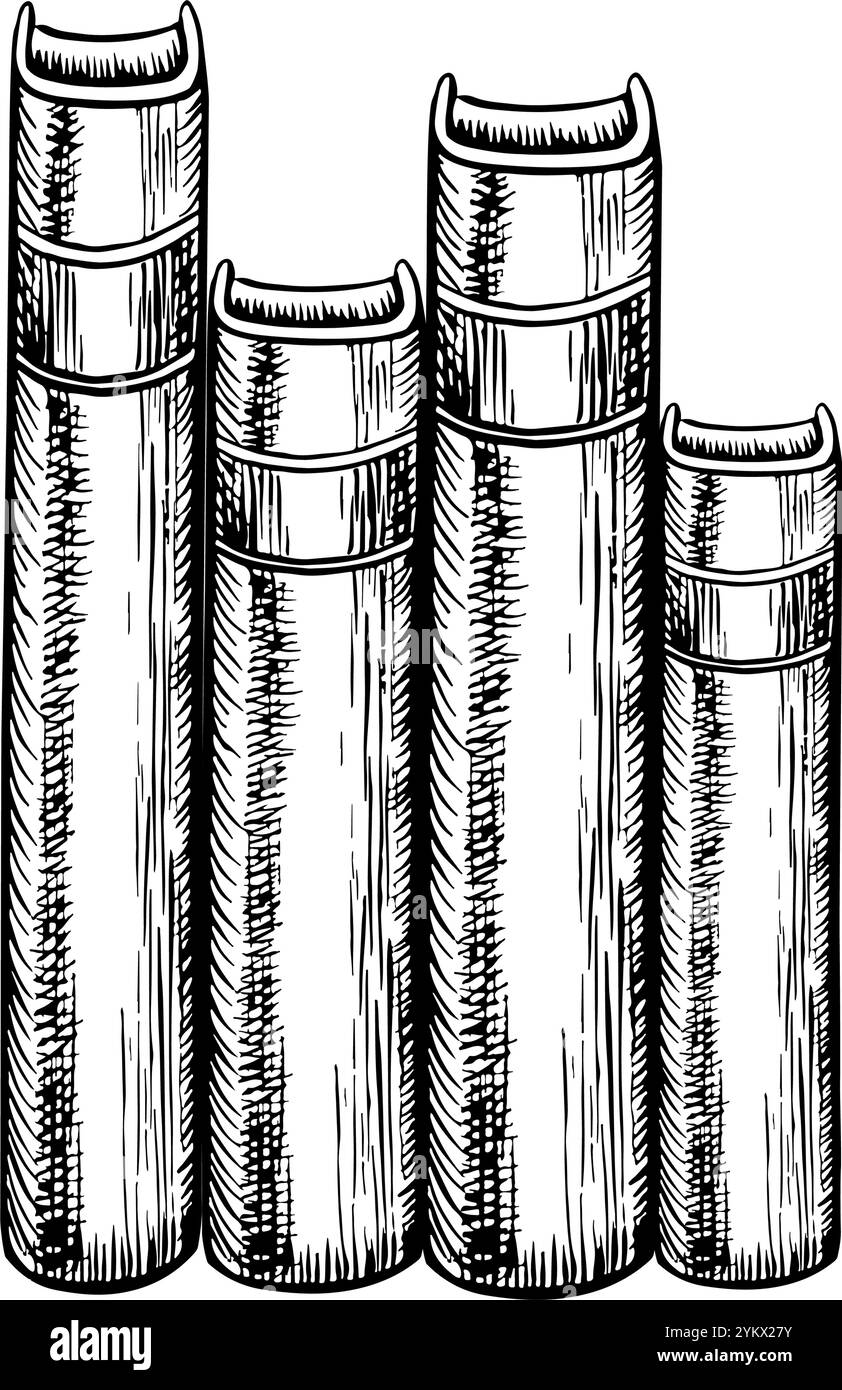 A stack of standing books, rear view, book spines. Vector black and ...