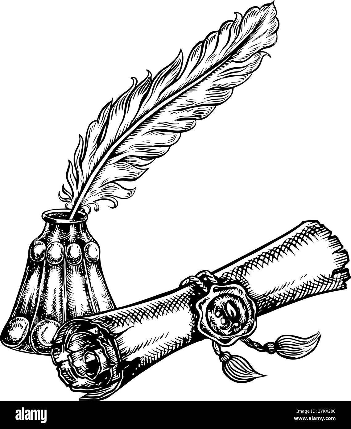 An ancient manuscript, a scroll sealed with a seal and an inkwell with ...