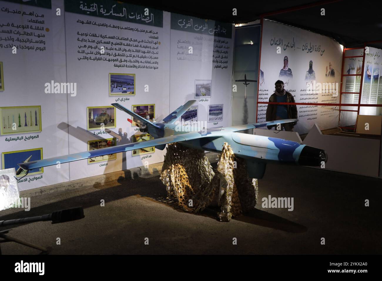 YEMEN HOUTHIS DRONE EXHIBITION A Military drone is showcased at an ...