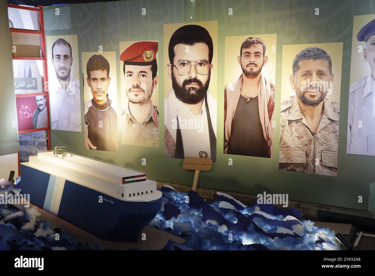 YEMEN HOUTHIS DRONE EXHIBITION A mock of the Galaxy Leader ship ...