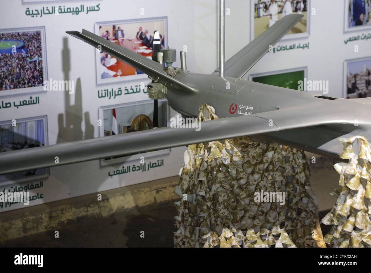 YEMEN HOUTHIS DRONE EXHIBITION A Military drone is showcased at an ...