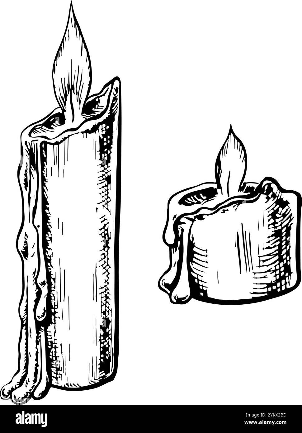 Burning candles. Vector black and white graphics. Hand-drawn ...