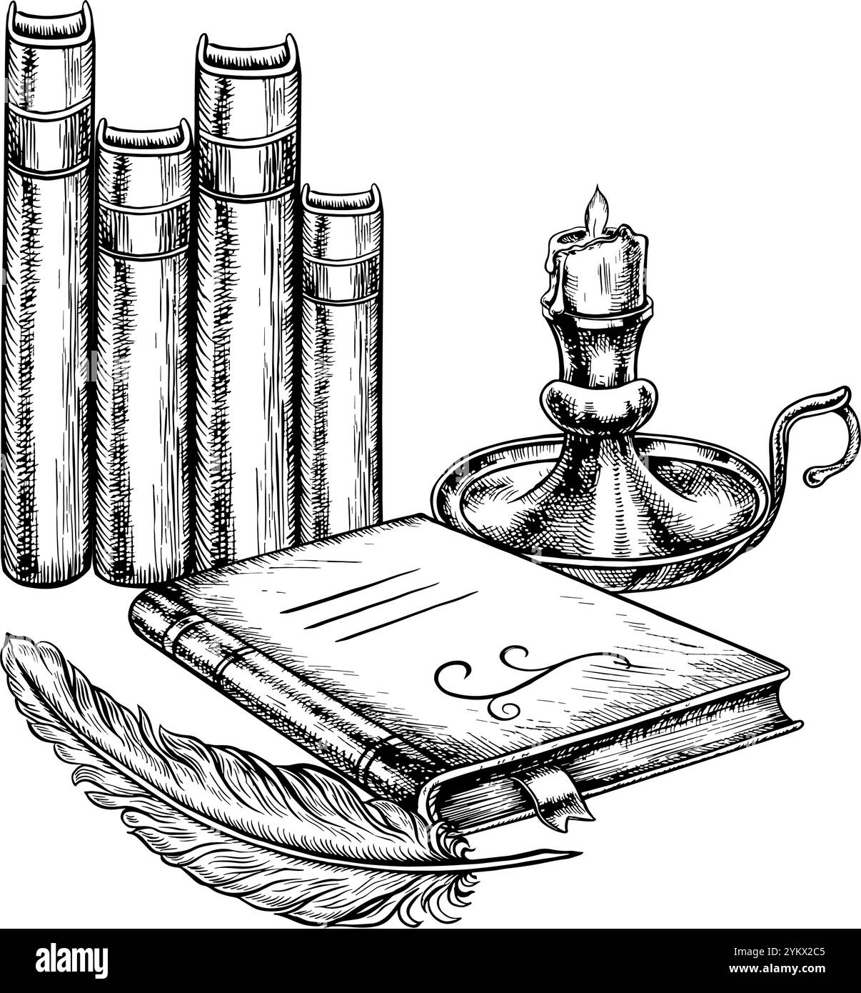 The manuscript. Vector black and white graphics with images of books ...