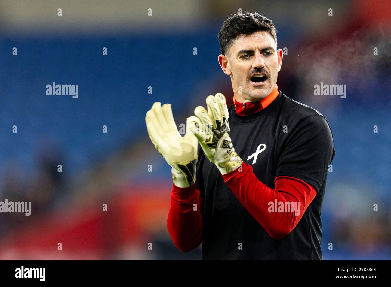 Cardiff, UK. 19th Nov, 2024. Wales goalkeeper Tom King during the warm ...