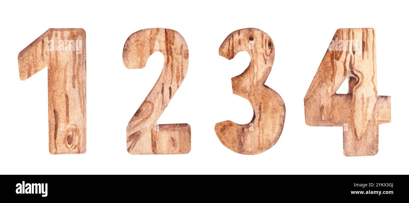 Wooden Numbers. One, Two, Three, Four. Front view. Watercolor ...
