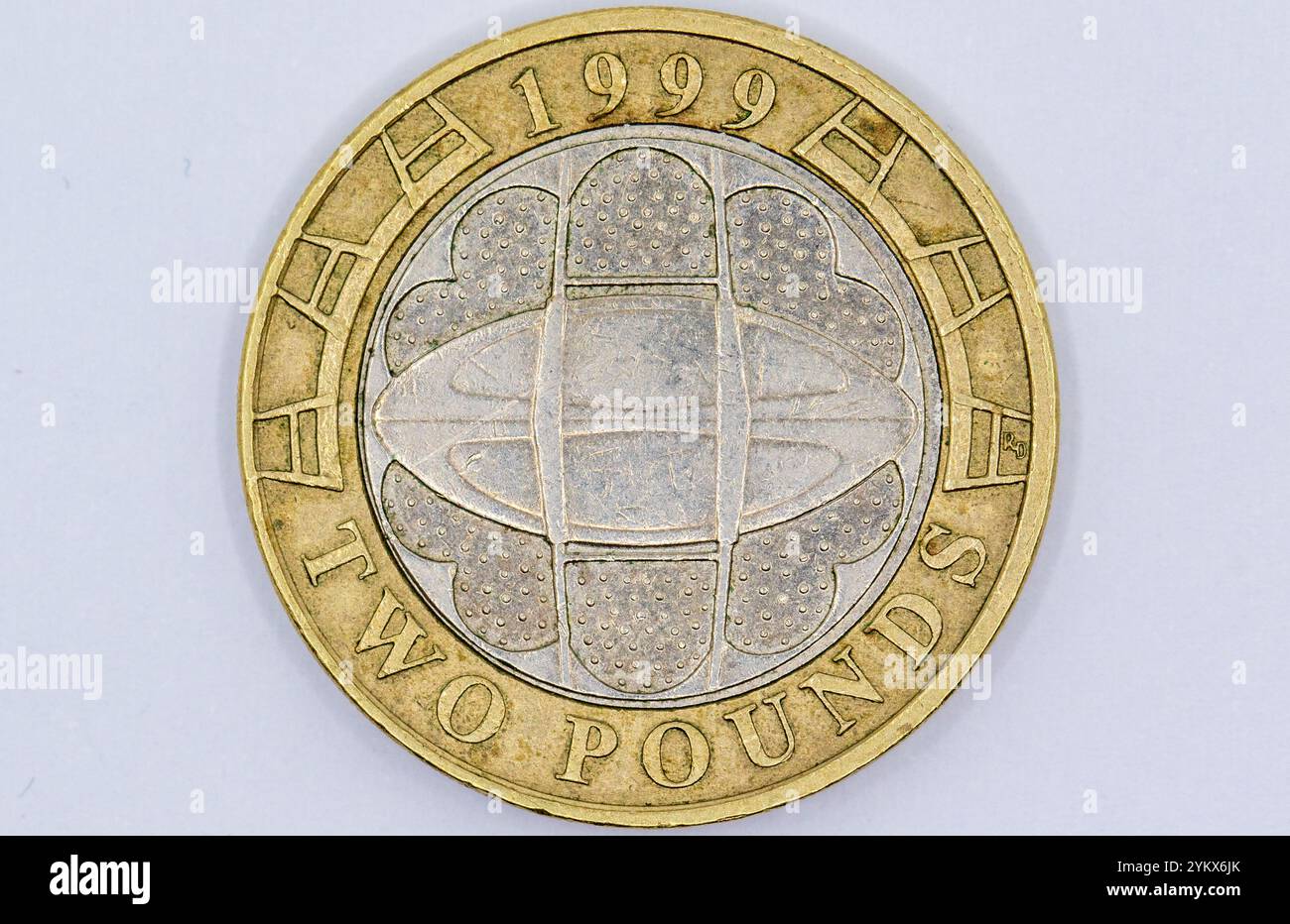 Close-up of a 1999 British two-pound coin featuring a rugby ball design ...