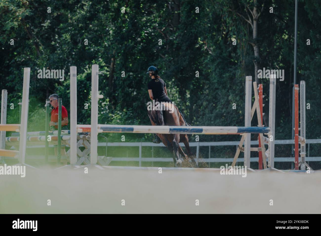 Equestrian training with horse jumping in outdoor setting Stock Photo ...