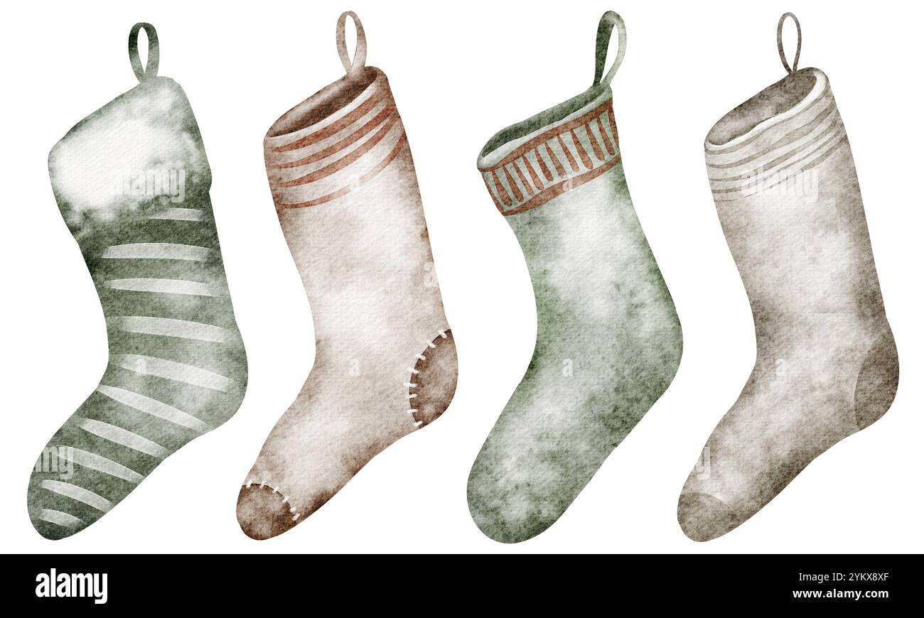 Christmas socks Watercolor Vintage isolated drawing on white background ...