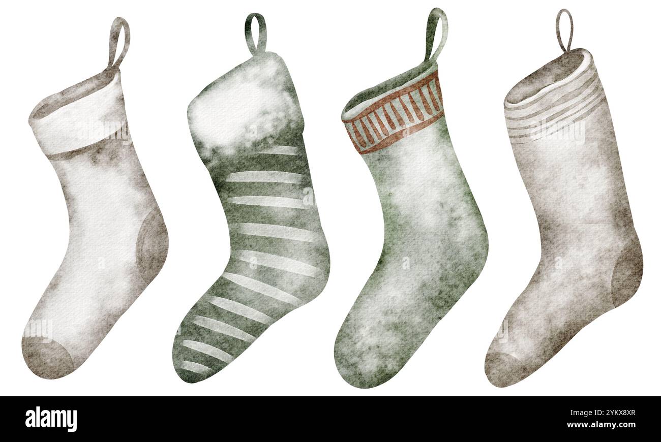 Christmas socks Watercolor Vintage isolated drawing on white background ...