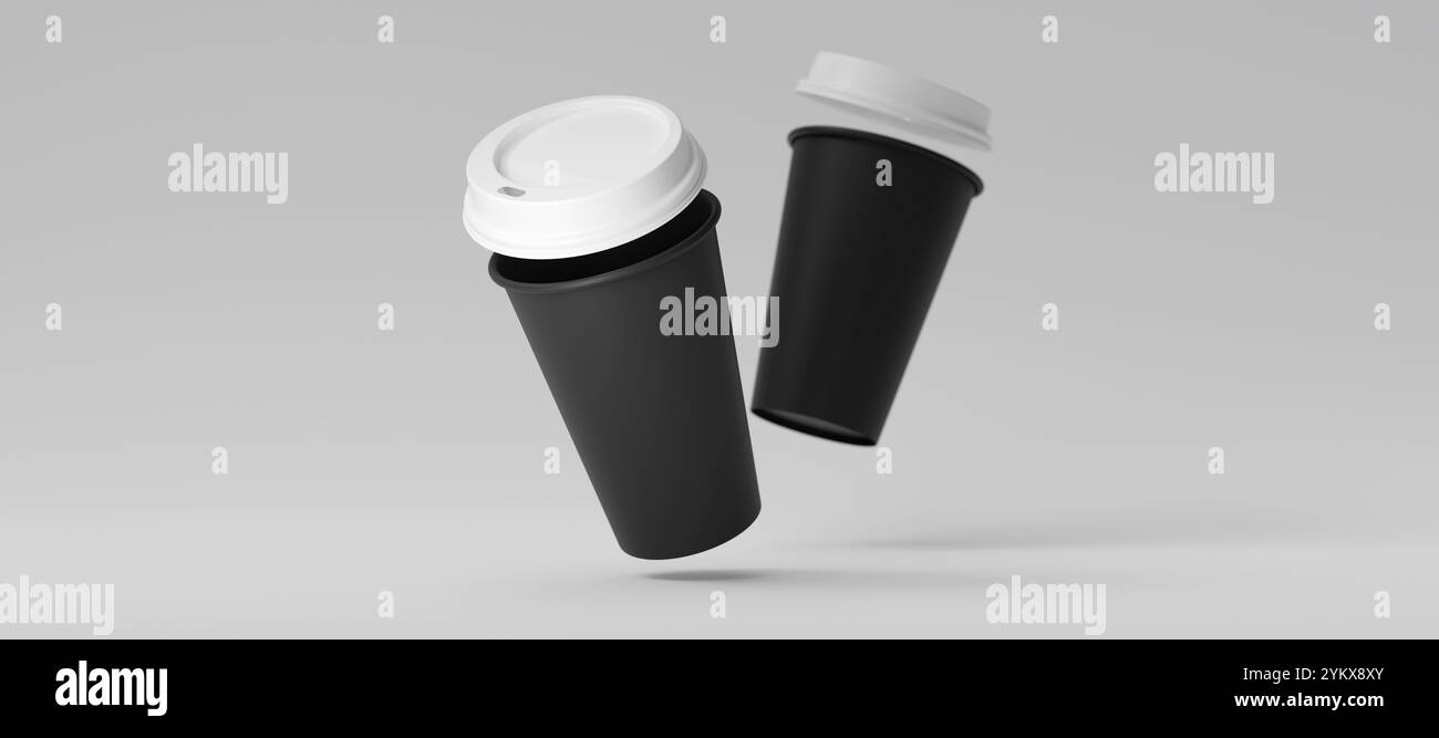 Two Minimalist black Blank Paper Coffee Cup with open lid floating ...
