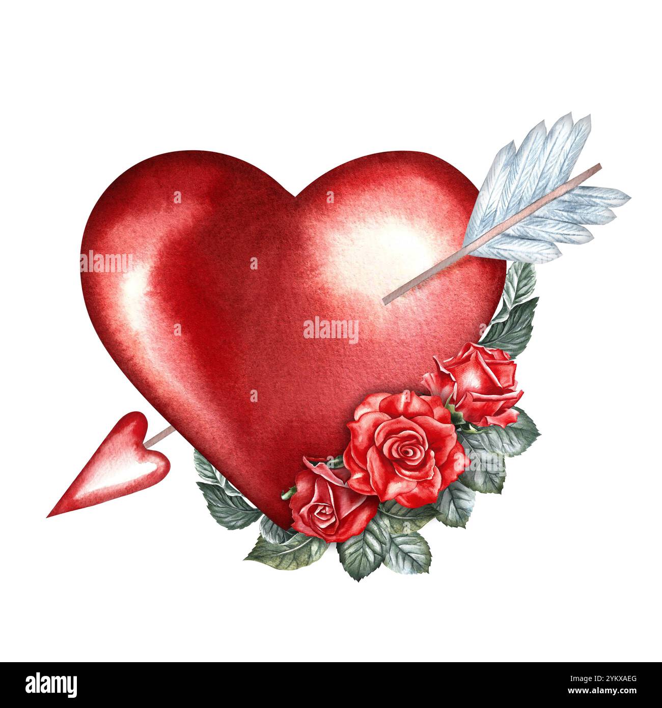 A red heart pierced by an arrow of cupid and rose. A hand-drawn ...