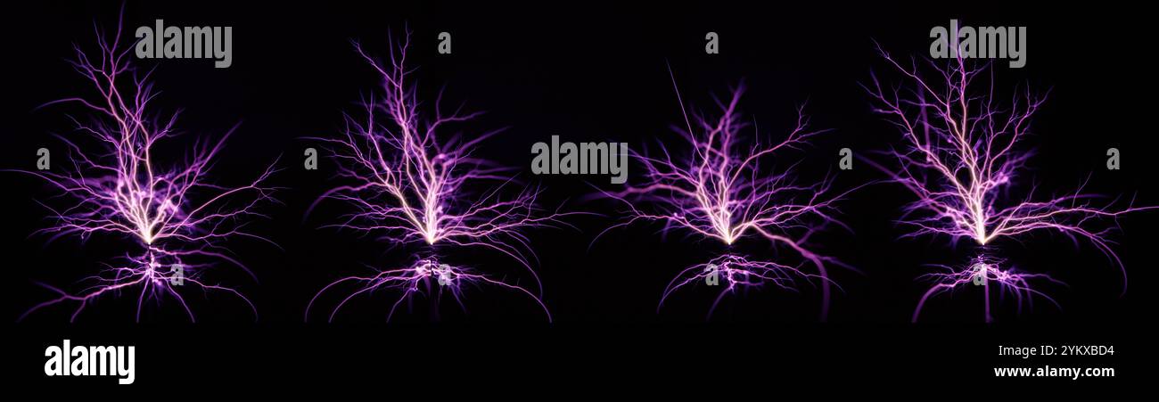 Electrostatic Discharge of Tesla Coil. set of bright electric lightning ...