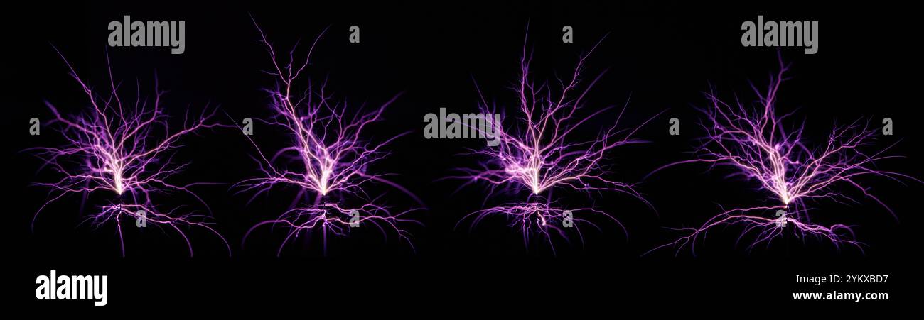 Electrostatic Discharge of Tesla Coil. set of bright electric lightning ...
