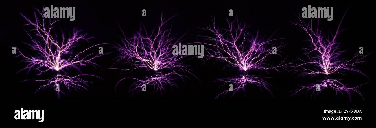 Electrostatic Discharge of Tesla Coil. set of bright electric lightning ...