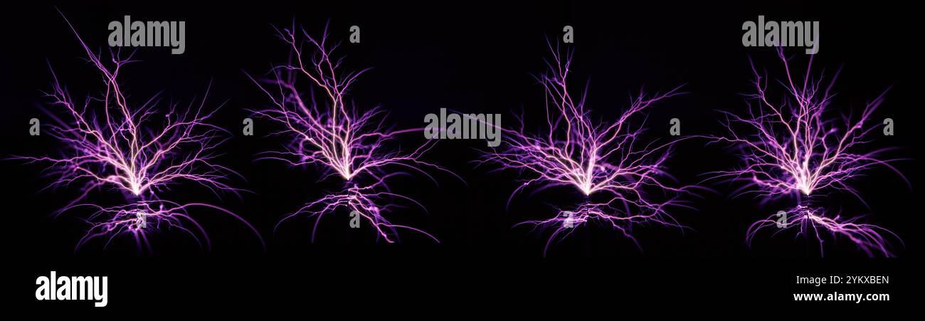 Electrostatic Discharge of Tesla Coil. set of bright electric lightning ...