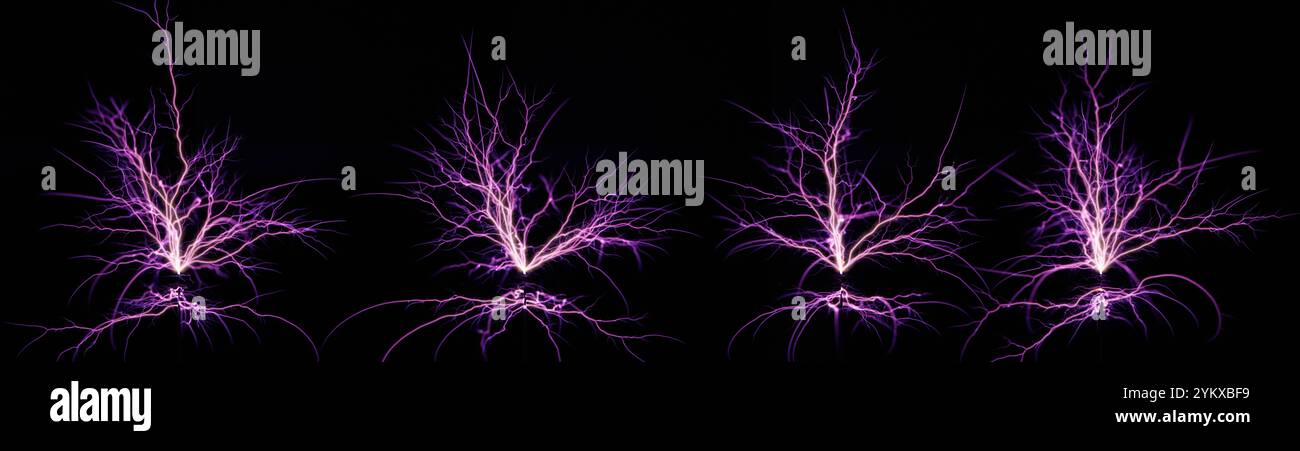 Electrostatic Discharge of Tesla Coil. set of bright electric lightning ...