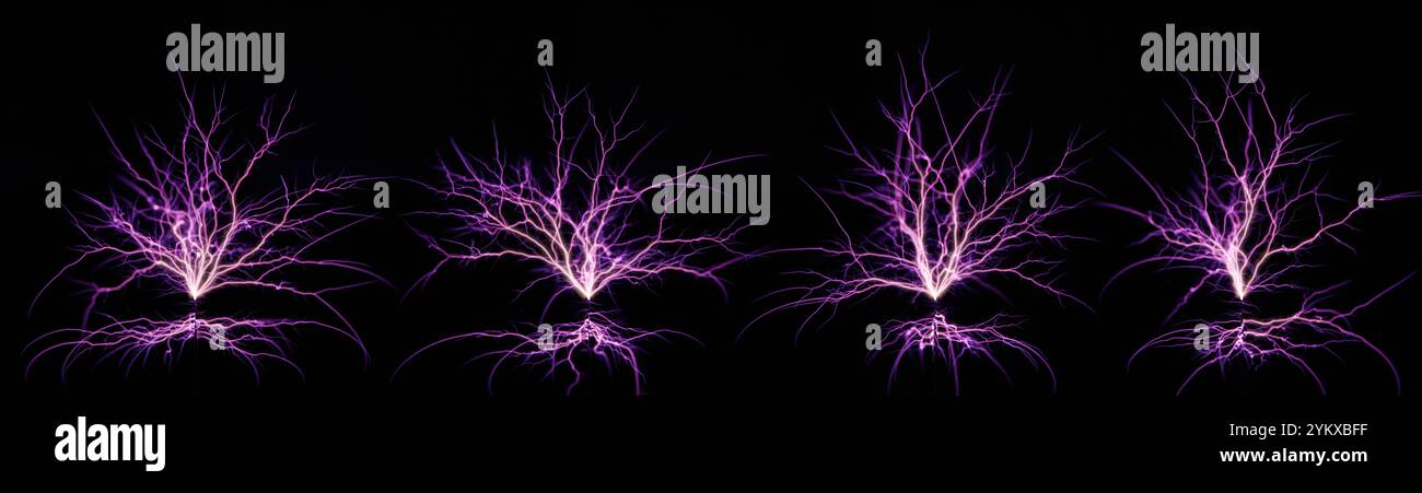 Electrostatic Discharge of Tesla Coil. set of bright electric lightning ...