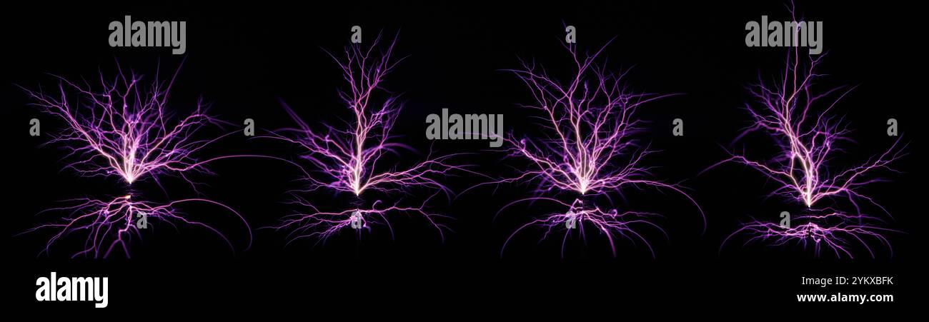 Electrostatic Discharge of Tesla Coil. set of bright electric lightning ...