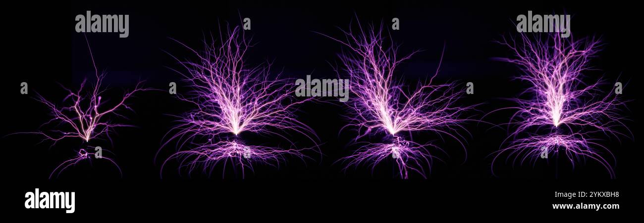 Electrostatic Discharge of Tesla Coil. set of bright electric lightning ...
