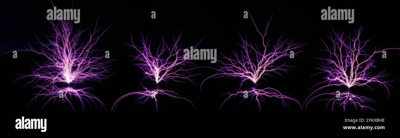 Electrostatic Discharge of Tesla Coil. set of bright electric lightning ...