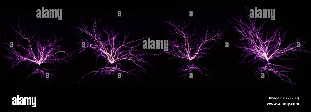 Electrostatic Discharge of Tesla Coil. set of bright electric lightning ...