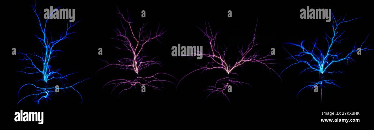Electrostatic Discharge of Tesla Coil. set of bright electric lightning ...