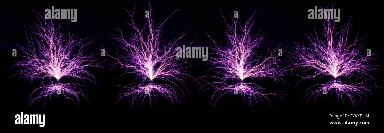 Electrostatic Discharge of Tesla Coil. set of bright electric lightning ...
