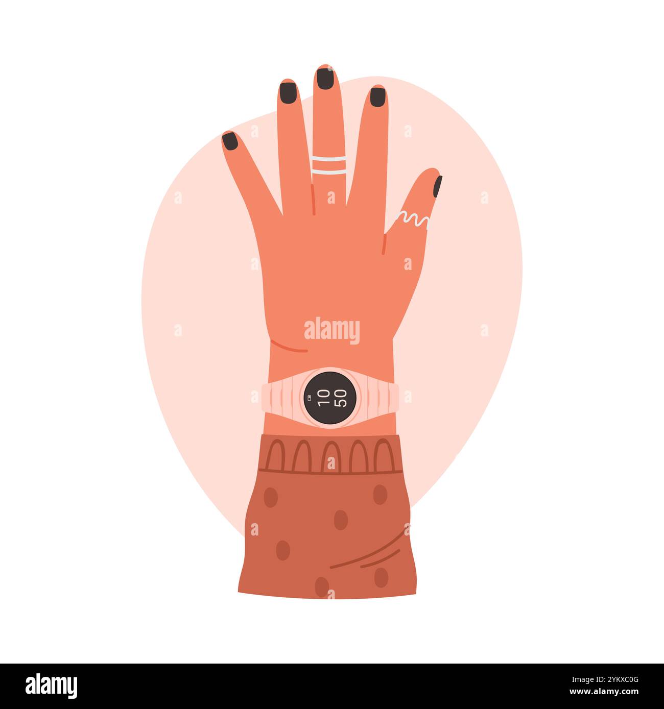 Hand with electronic wristwatch on wrist, stylish rings on fingers ...