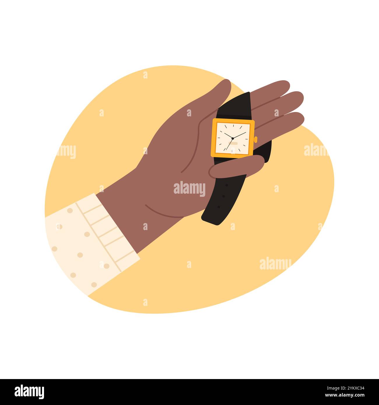 Man holding wristwatch with black strap and square dial in palm of hand ...