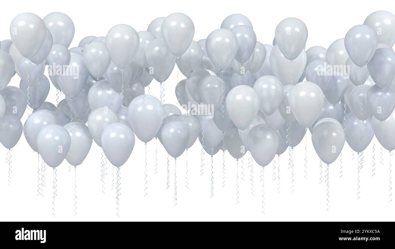 Row of silver light blue color balloons isolated on white background ...