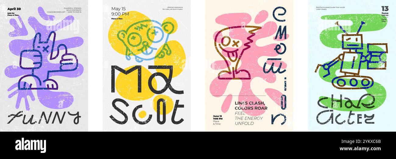 Abstract bold poster set. Funny linear characters and creative ...