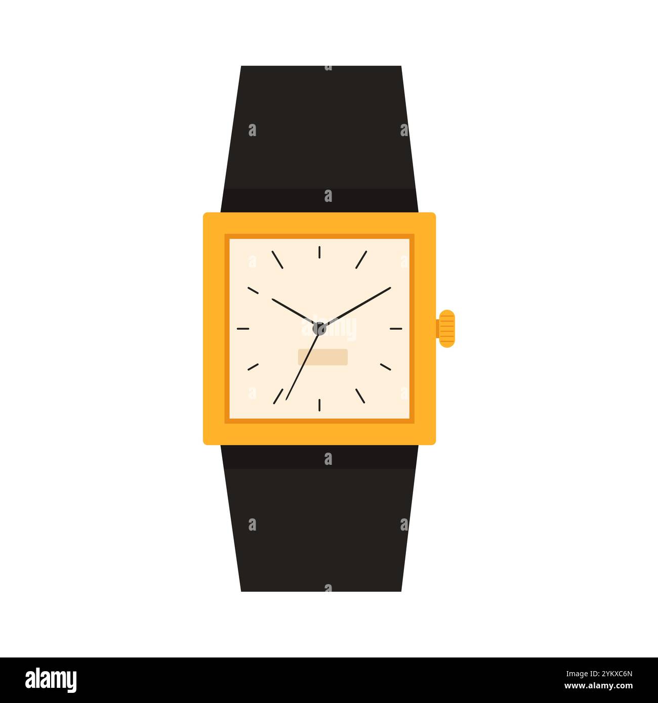 Mechanical wristwatch with square gold dial and black leather bracelet ...
