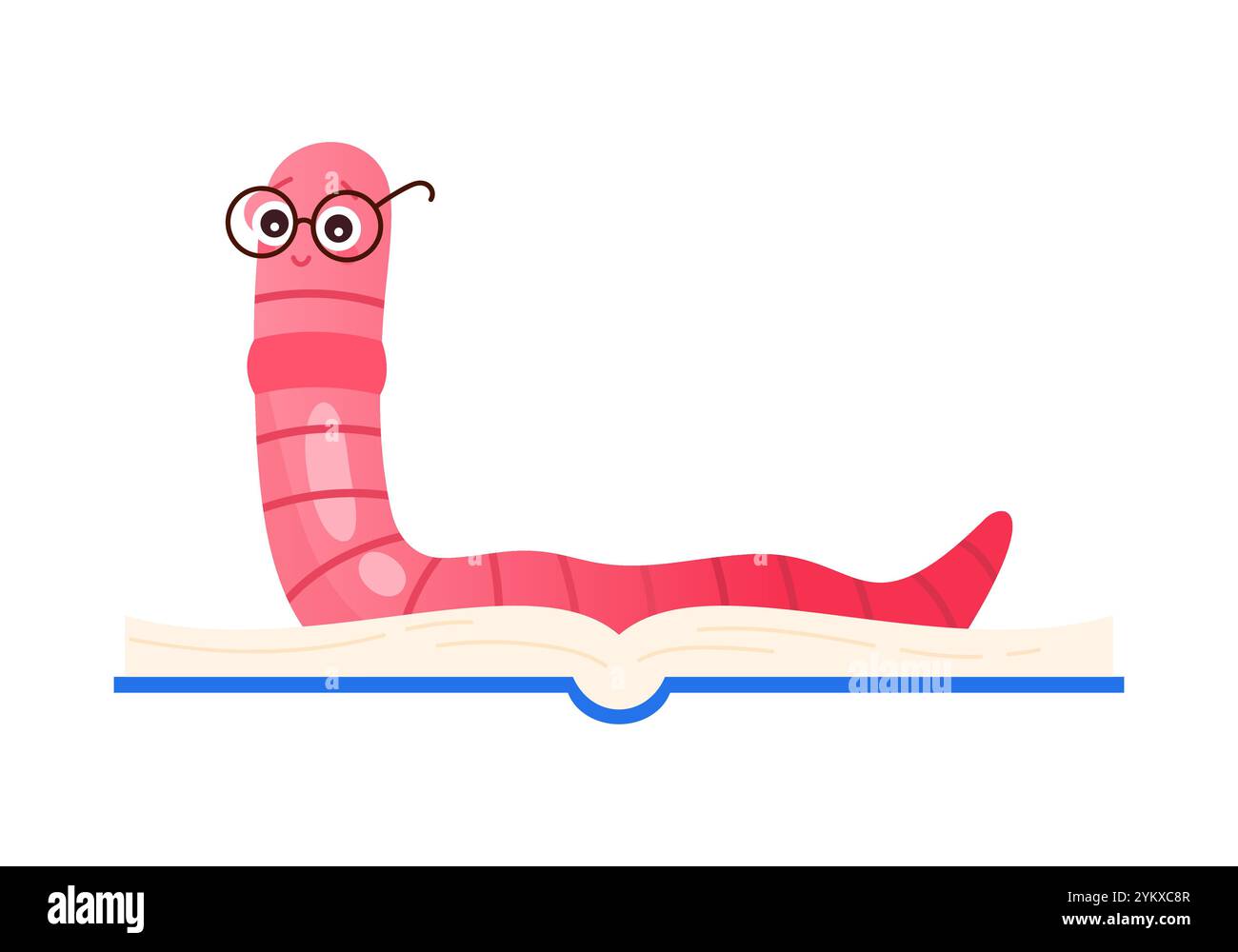 A cute cartoon worm in glasses relaxes on an open book, symbolizing the ...