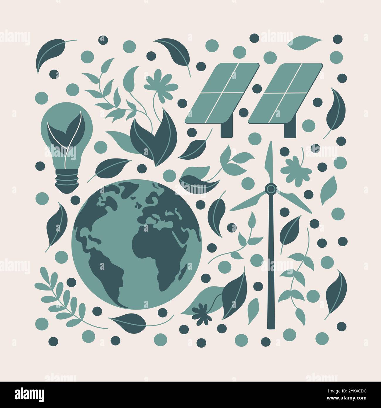 Vector flat art illustration featuring eco-friendly elements, including ...