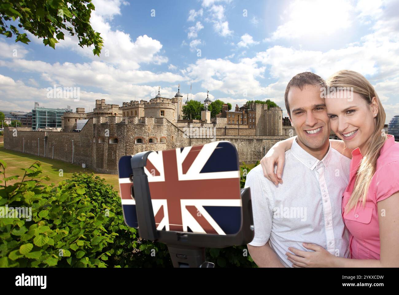 Couple in love taking a selfie portrait in front of Tower Hill on their ...