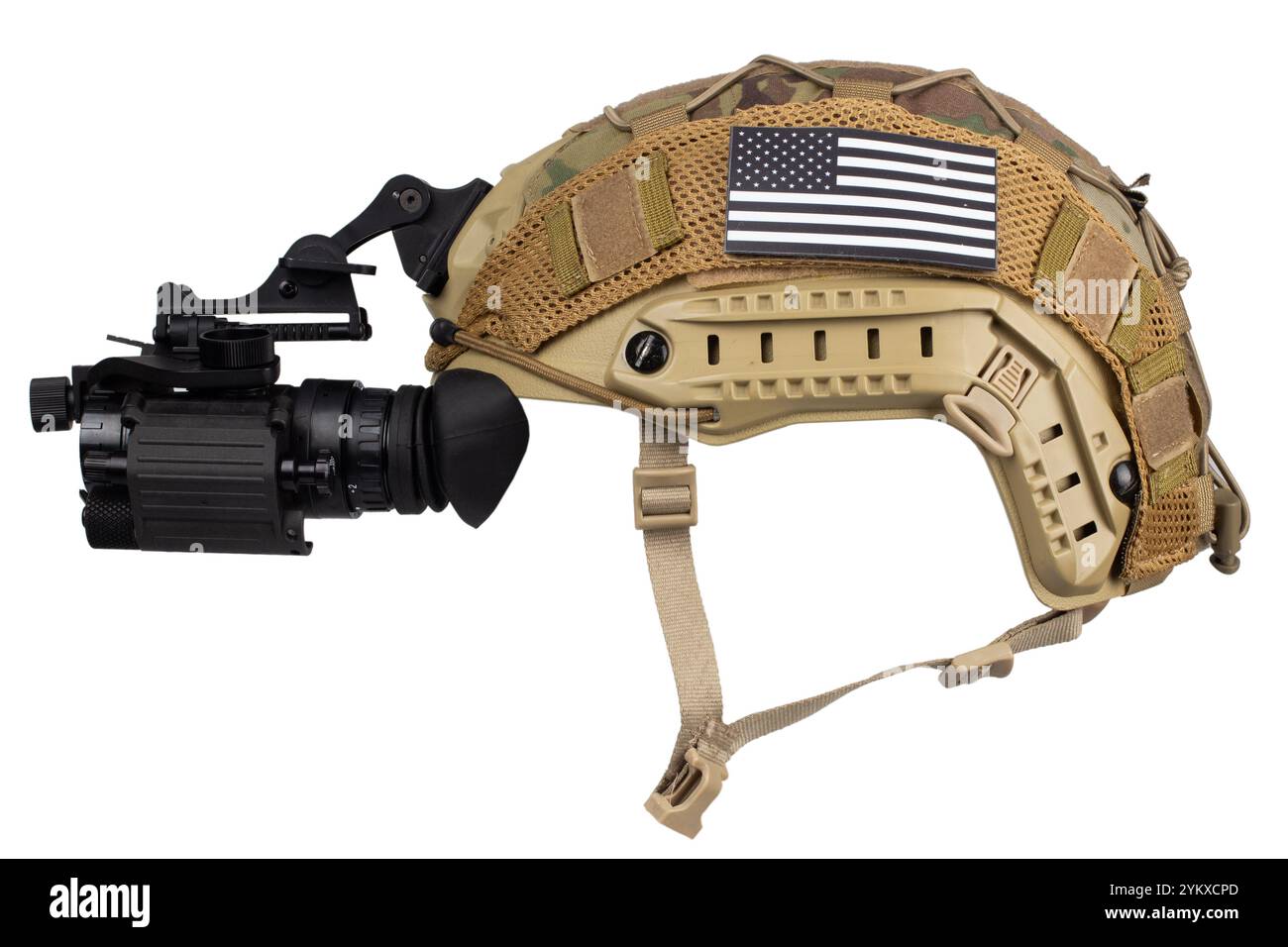 Night vision monocular on army helmet isolated on white background ...