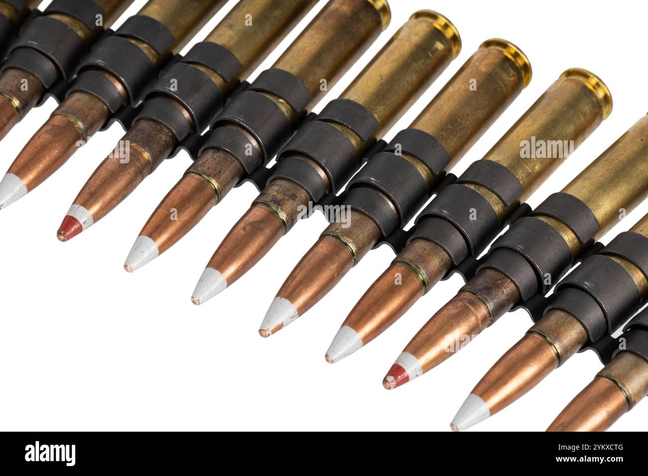 .50 BMG caliber ammunition belt with cartridges isolated on white Stock ...