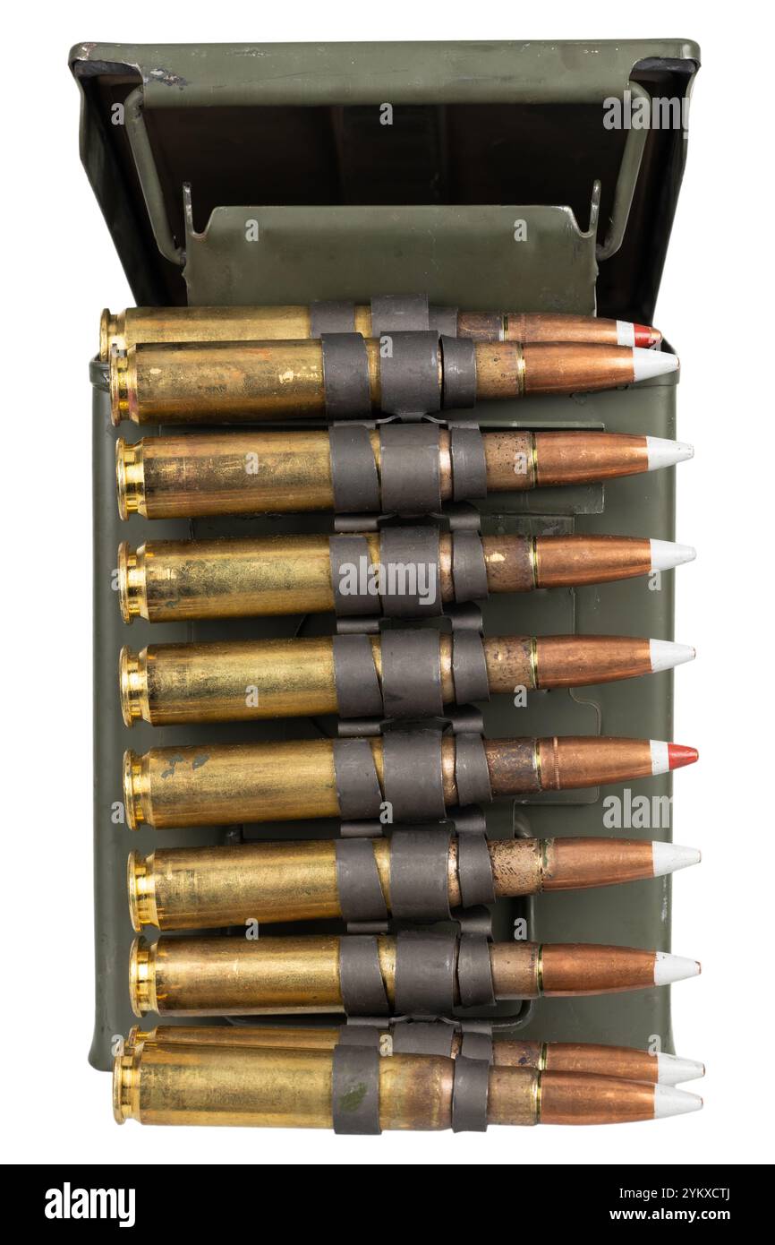 .50 BMG caliber ammunition belt with cartridges in ammunition can ...