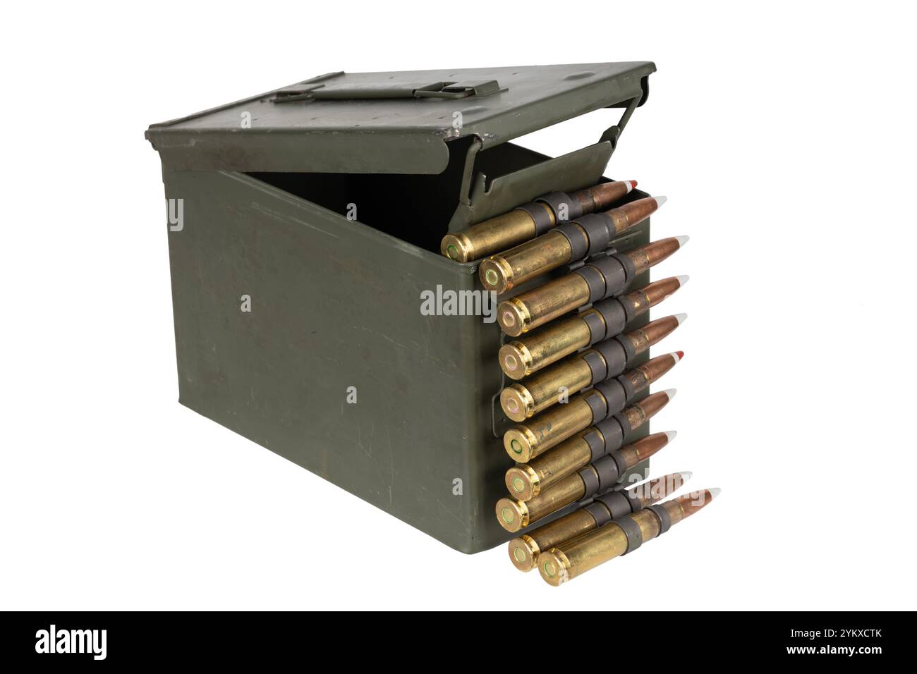 .50 BMG caliber ammunition belt with cartridges in ammunition can ...
