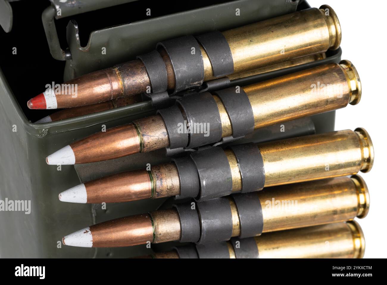 .50 BMG caliber ammunition belt with cartridges in ammunition can ...