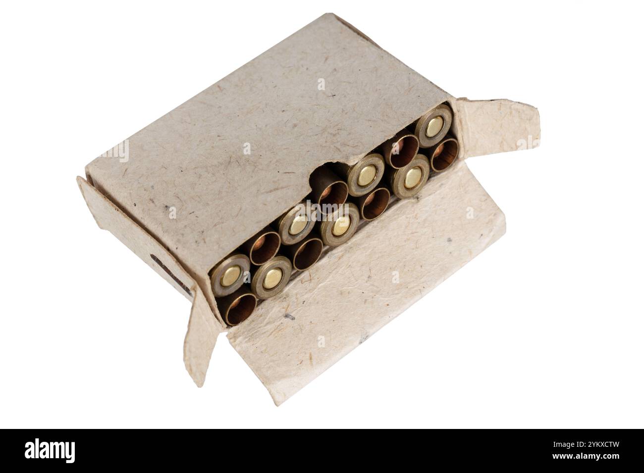 Vintage retro ammunition for revolver gun in a cardboard box. Isolated ...