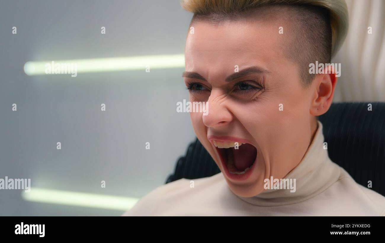 Caucasian woman annoyed crazy girl female angry mad furious scream ...