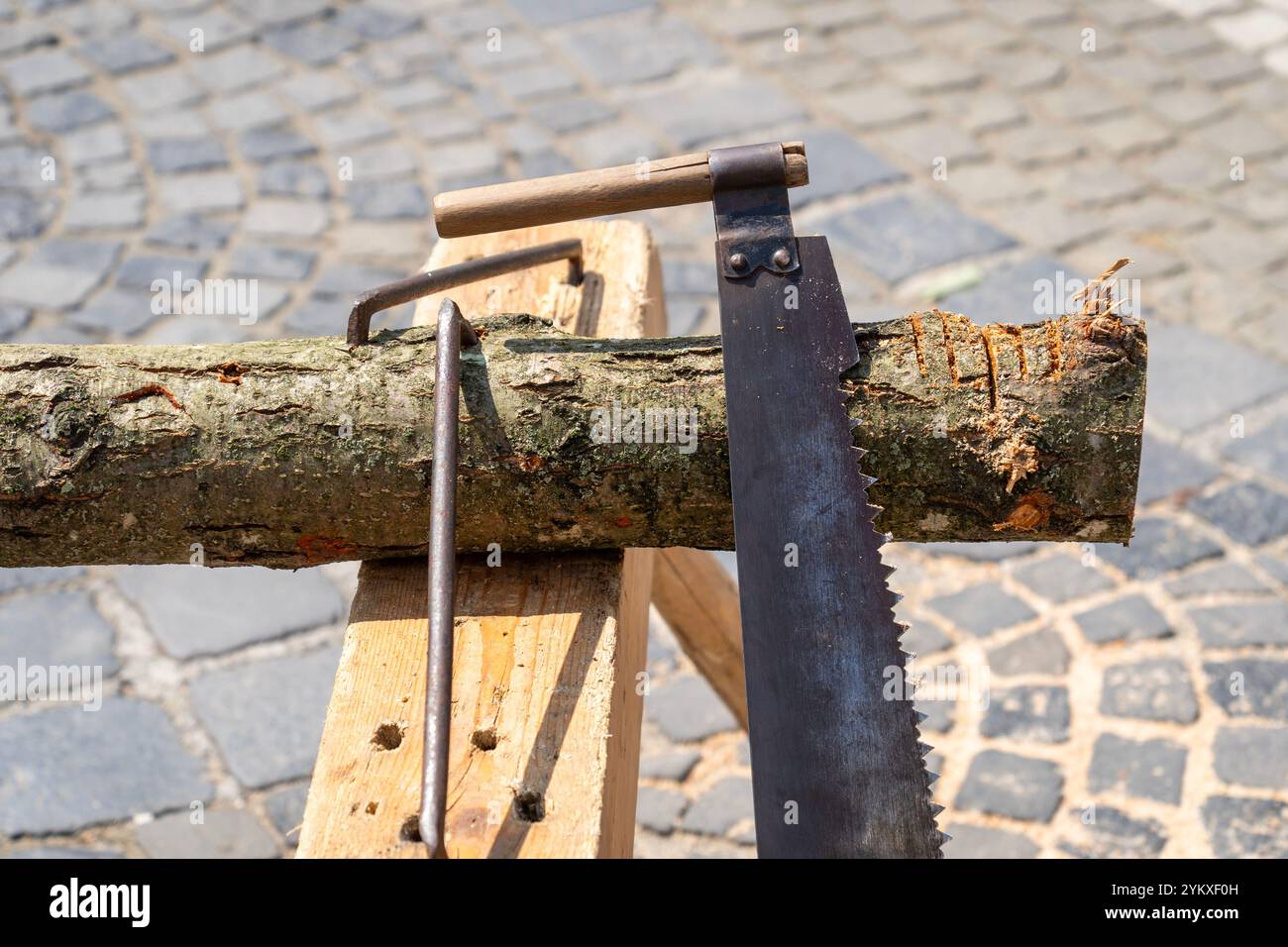 Two-handed saw leaning against a log on a sawhorse Stock Photo - Alamy