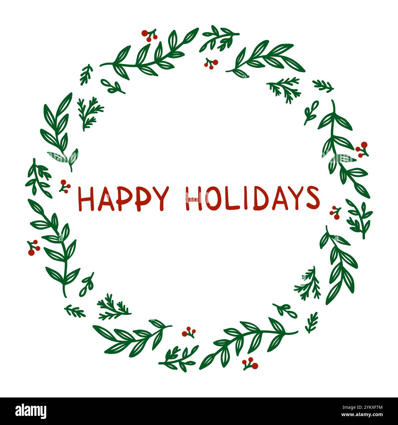 Festive illustration of circular wreath made of green leaves and red ...