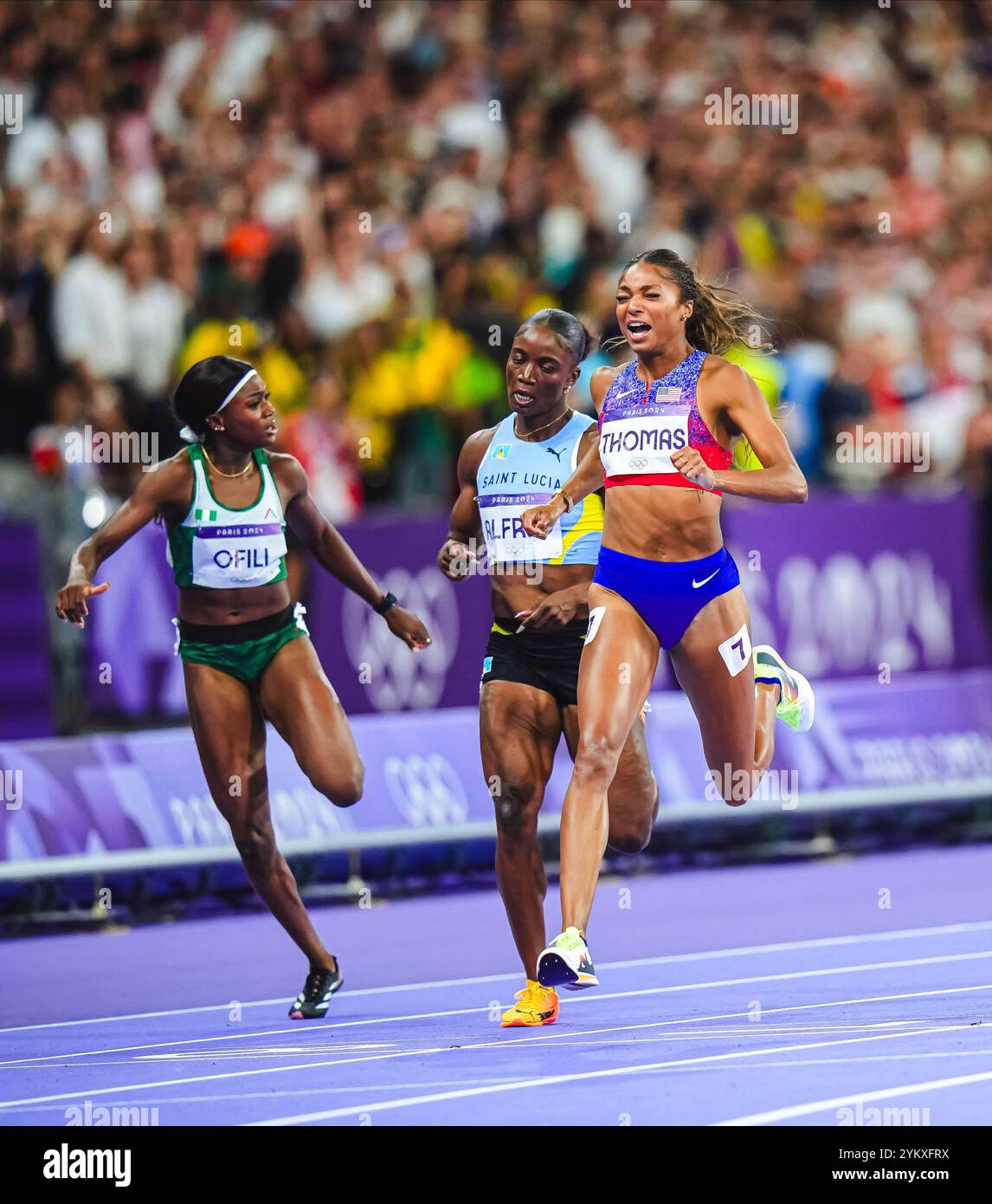 Gabrielle Thomas winning in the 200 meters relay at the Paris 2024 ...